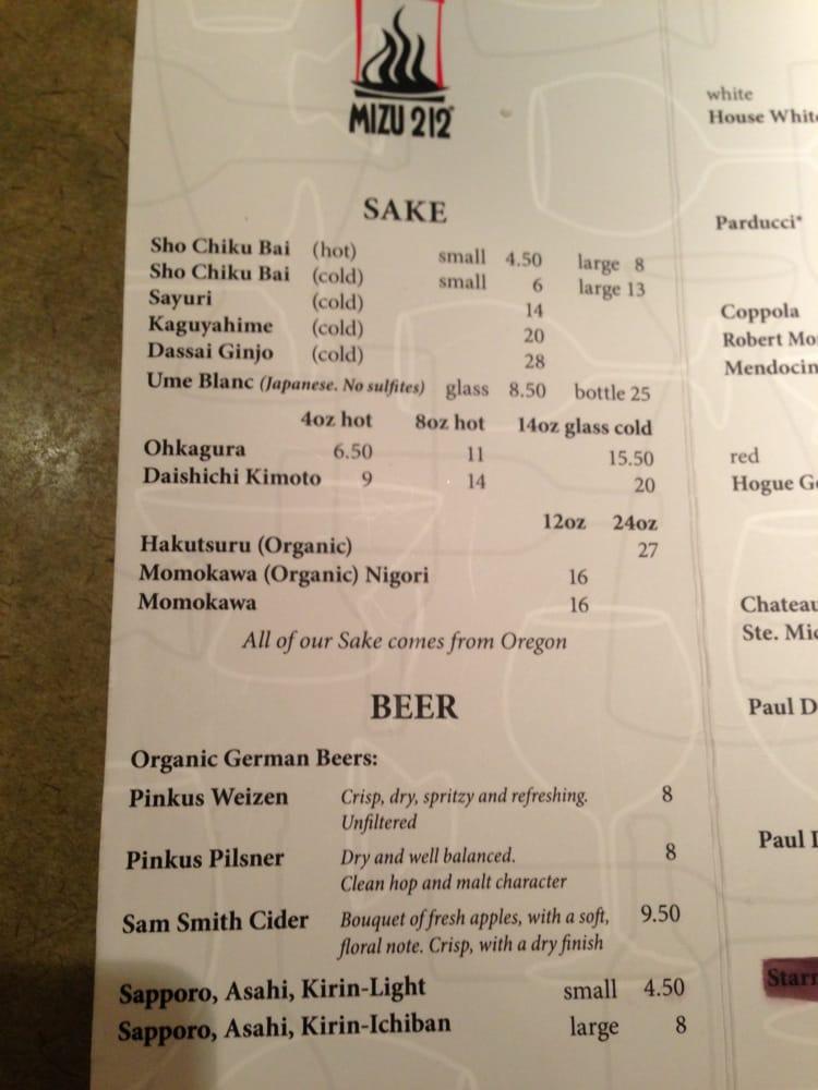 Menu at Mizu 212 restaurant, Los Angeles, Sawtelle Blvd