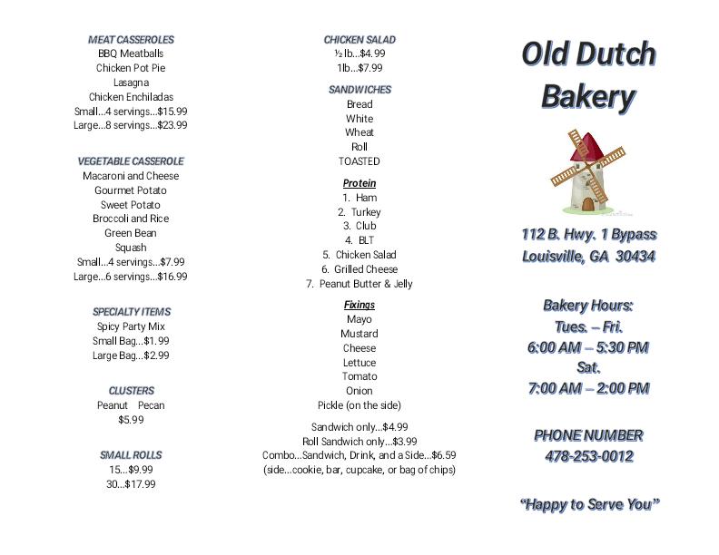 Menu at Old Dutch Bakery, Louisville