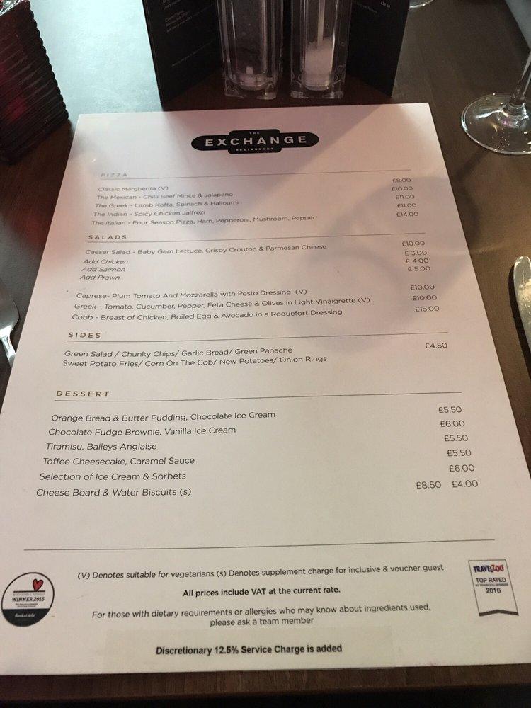 Menu at The Exchange Restaurant, Liverpool