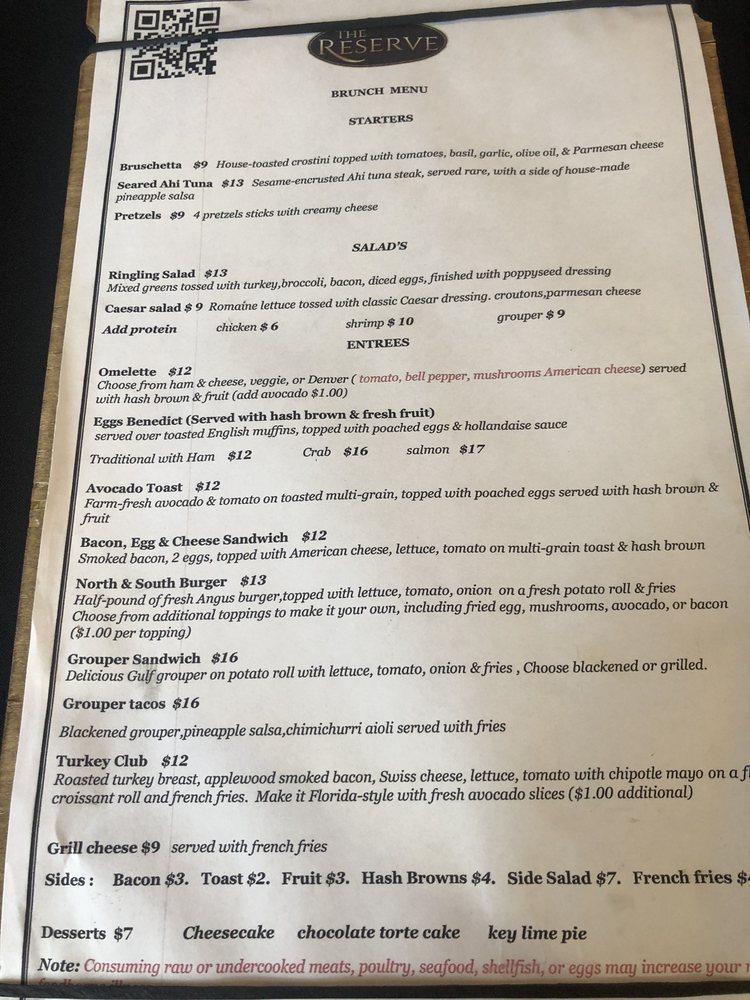 Menu at The Reserve Retreat restaurant, Sarasota