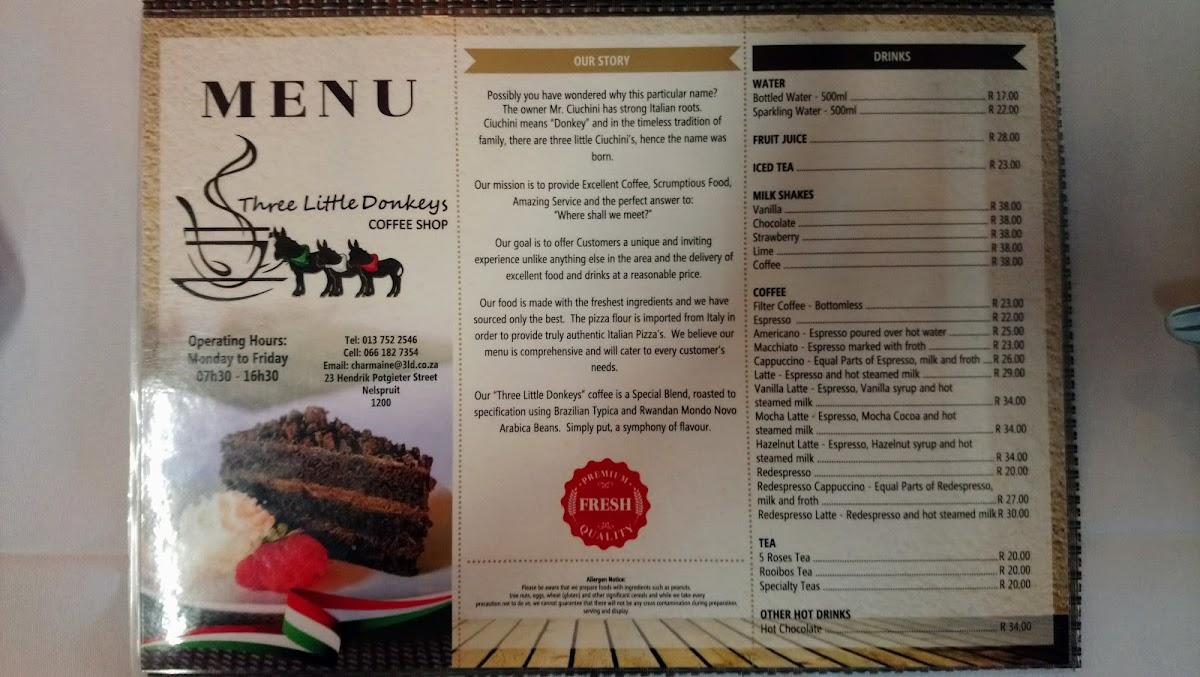 Menu at Three Little Donkeys Coffee Shop cafe, Nelspruit