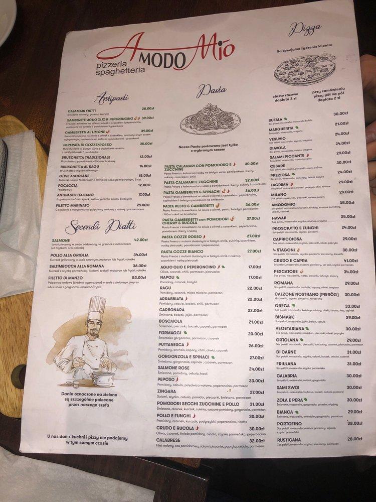 Menu at A Modo Mio pizzeria, Warsaw