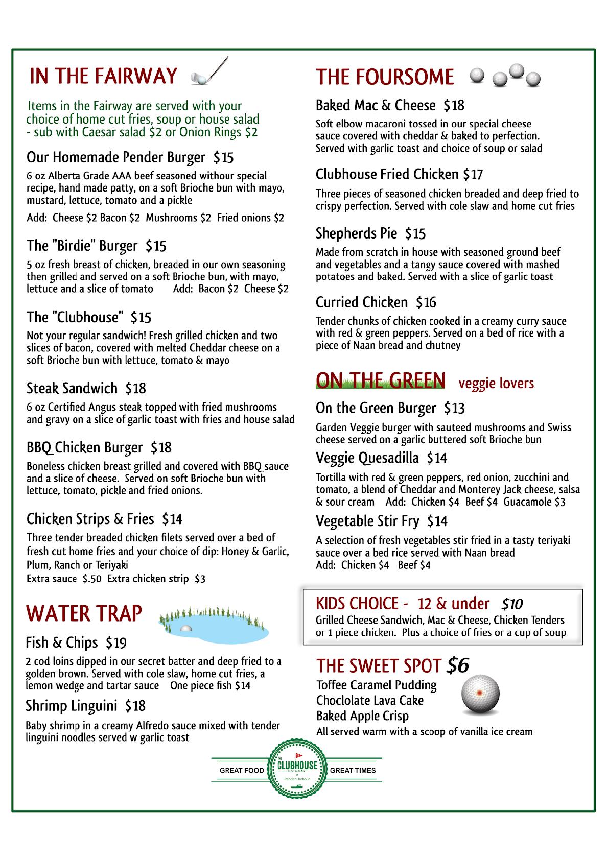 Menu at Clubhouse Restaurant, Canada, Sunshine Coast Hwy