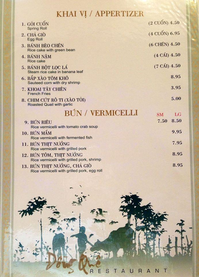 Menu at Dong Que Restaurant, San Jose
