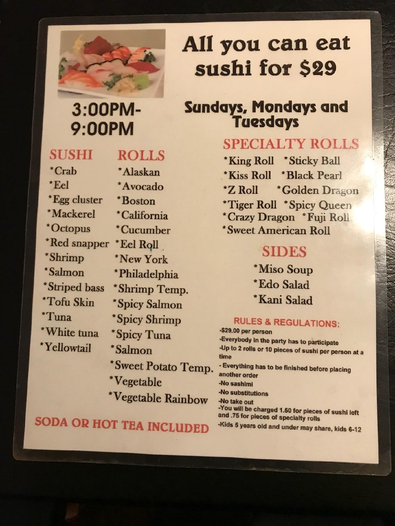 Menu at Edo Garden Hibachi restaurant, Monona, Monona Dr