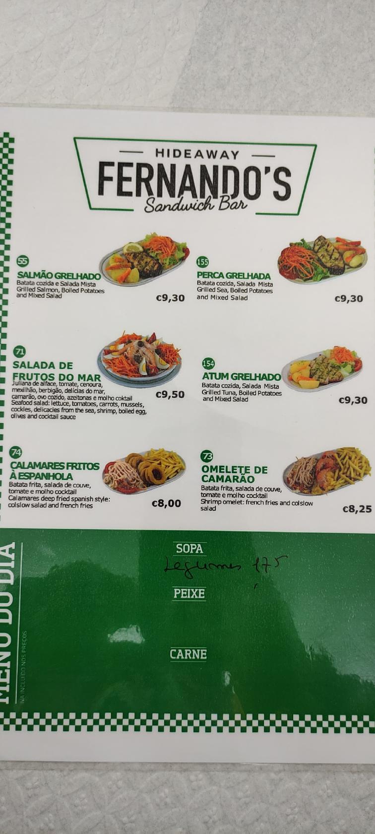 Menu at Fernandos Hideway restaurant, Figueira da Foz