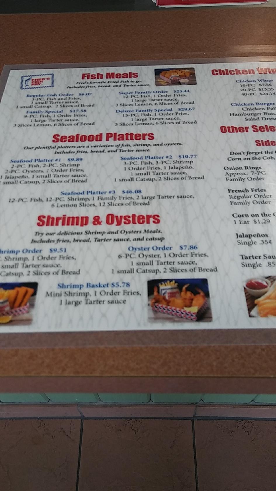 Menu at Fred's Fish Fry restaurant, San Antonio, 8264 Culebra Rd