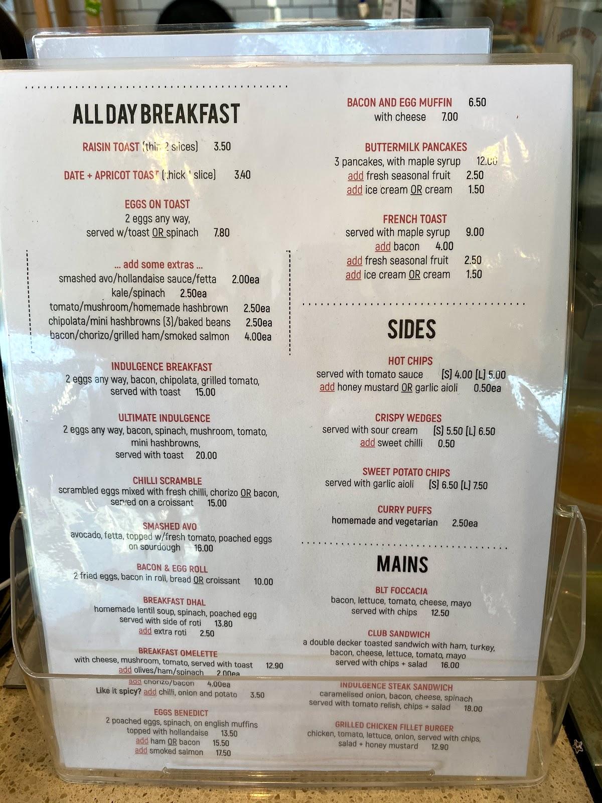 Menu at Indulgence Cafe, Doncaster East