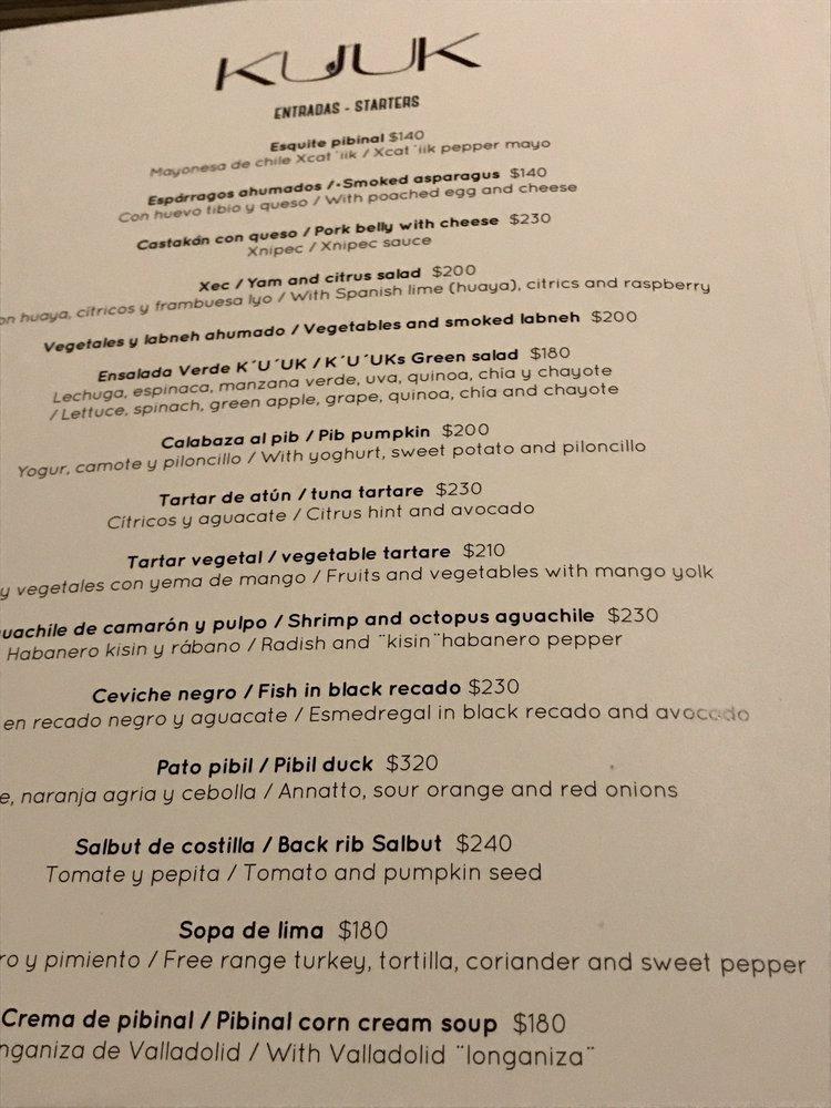 Menu at Kuuk restaurant, Merida, Av Rómulo Rozo 488