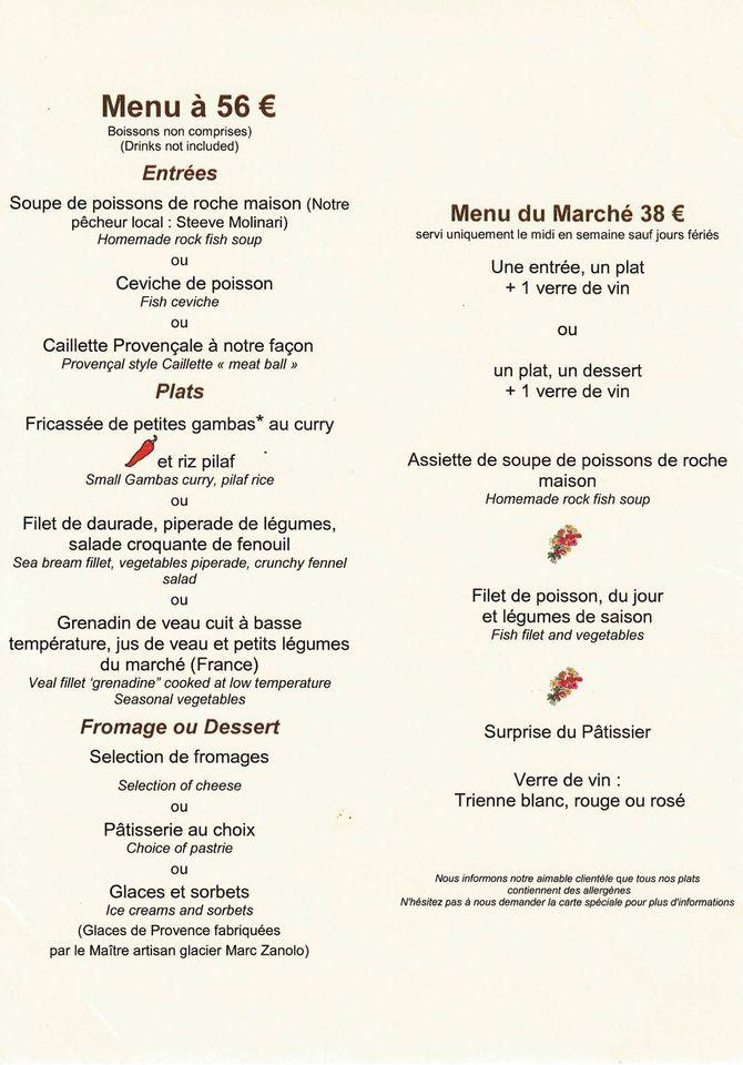 Menu au La Mère Germaine restaurant, Villefranche-sur-Mer