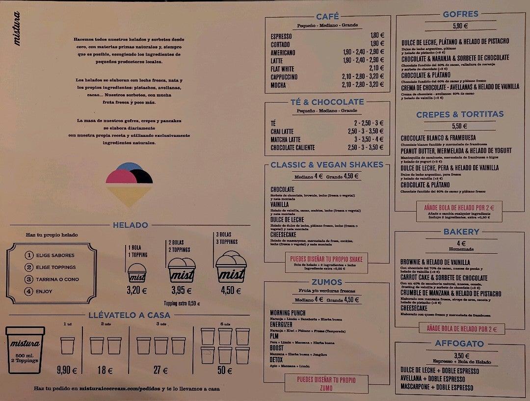 Menu at Mistura Ice Cream pub & bar, Madrid, Pl. del Ángel