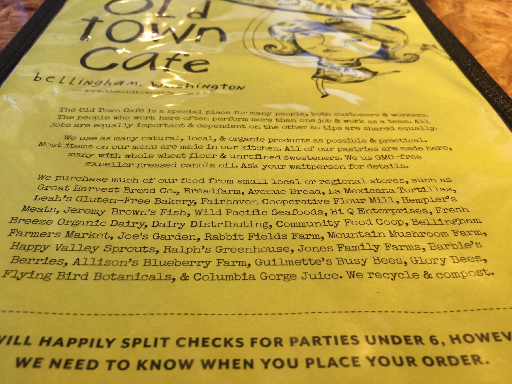Menu at Old Town Cafe, Bellingham