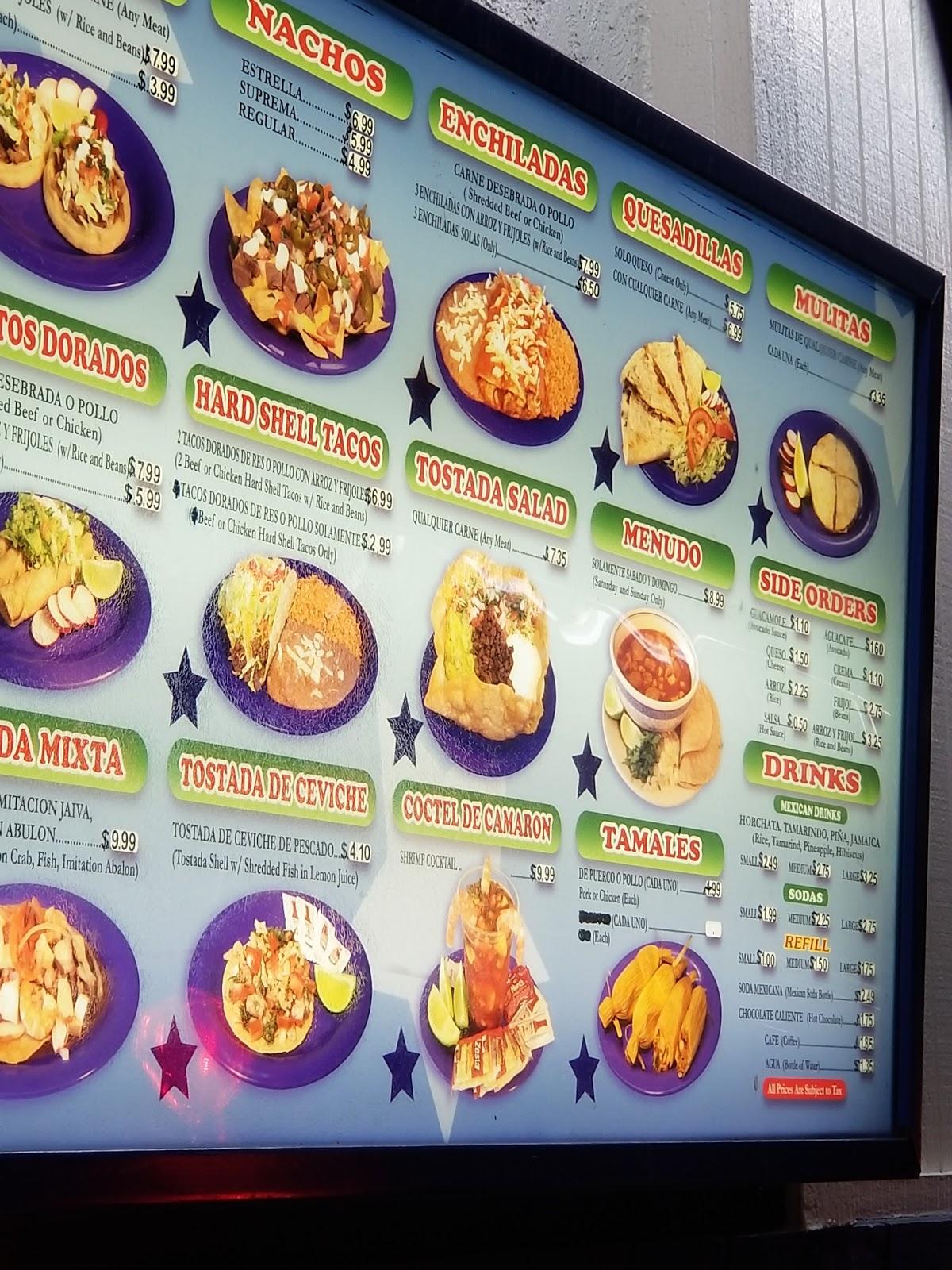 Menu at Tacos Estrella restaurant, Rialto