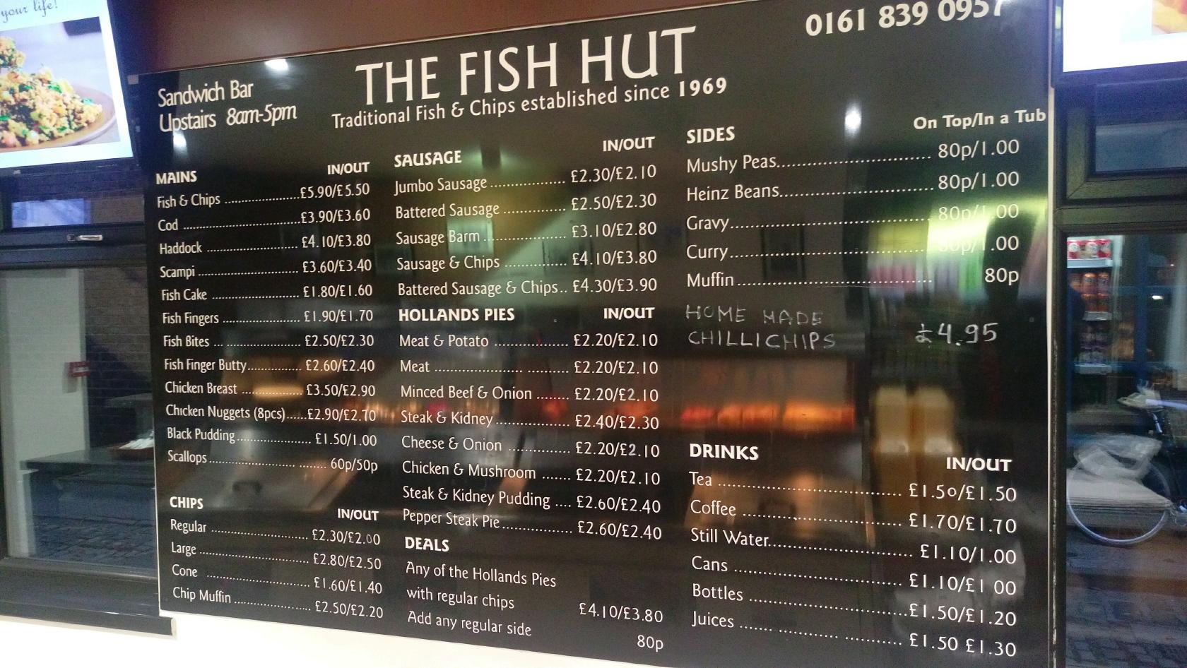 Menu at The Fish Hut fast food, Manchester