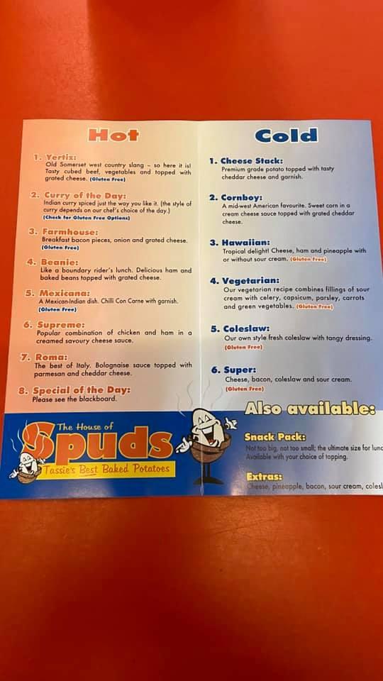 Menu at THE House of Spuds fast food, Invermay