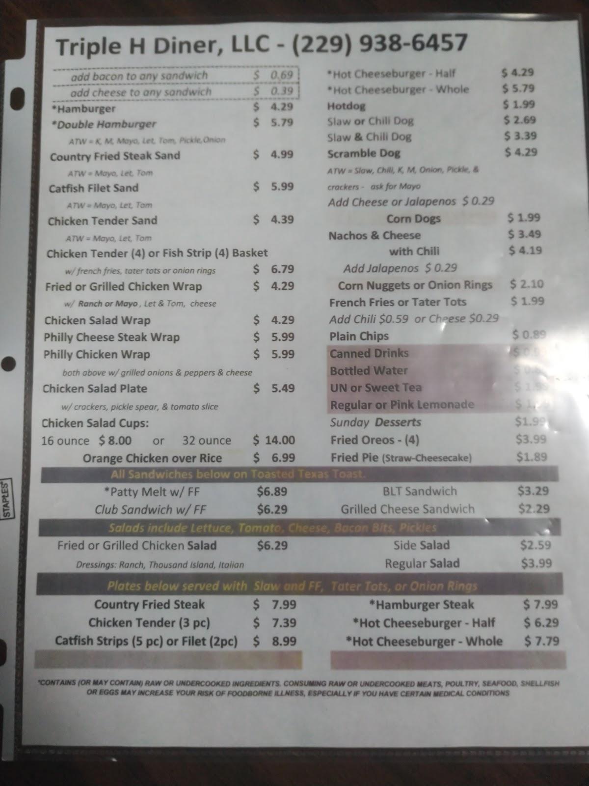 Carta del restaurante Triple H Diner, Preston
