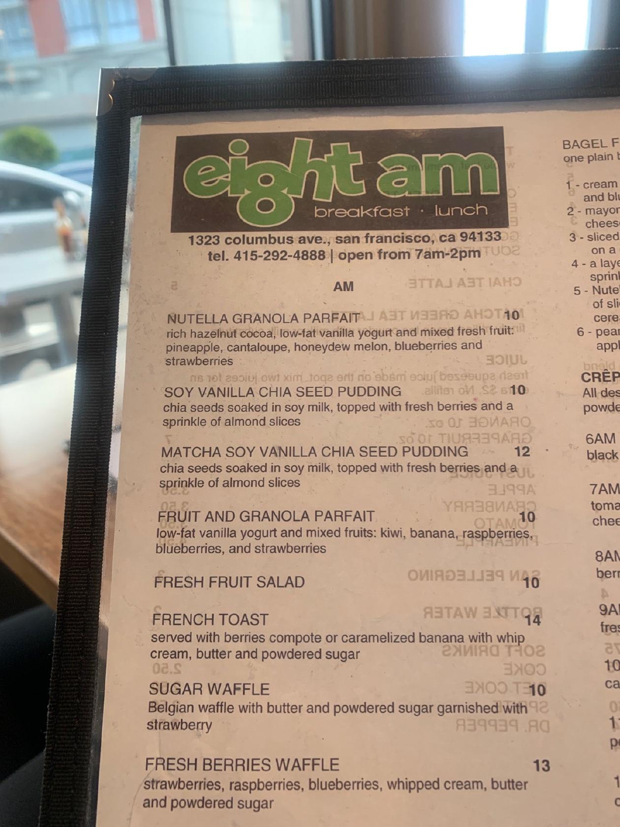 Menu at Eight AM Brunch restaurant, San Francisco