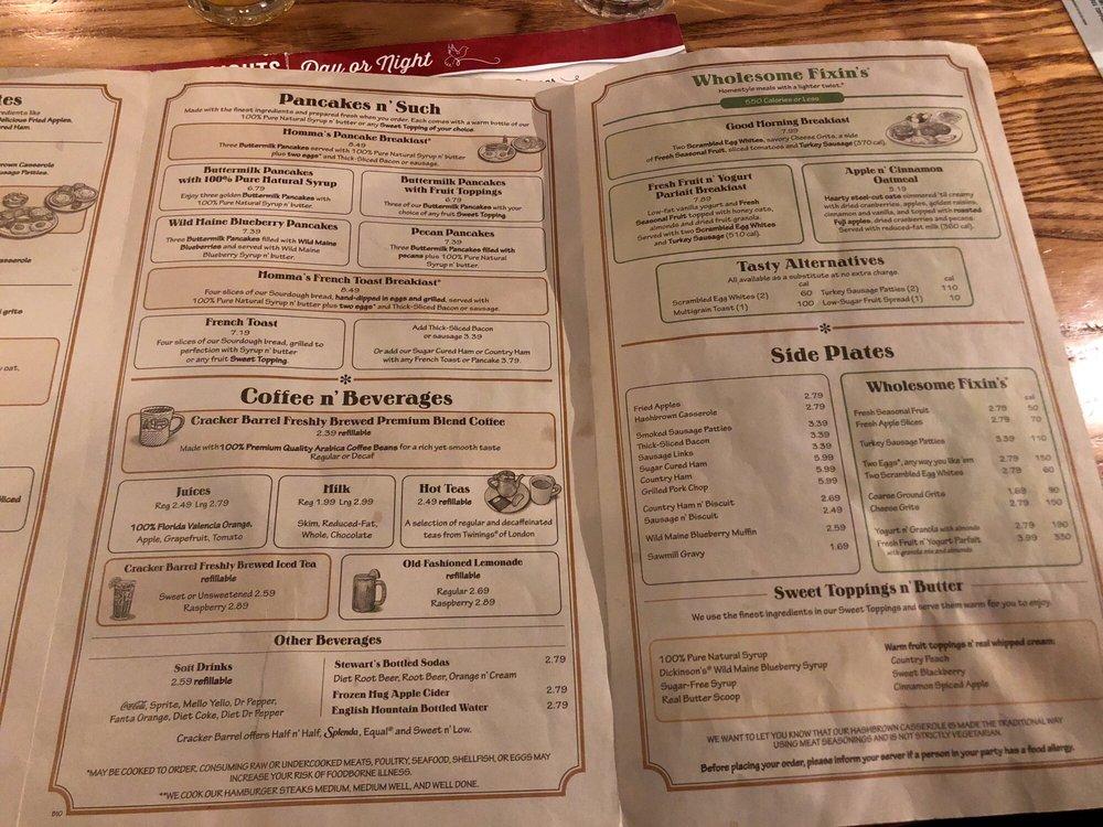 Menu at Cracker Barrel Old Country Store, Sheffield