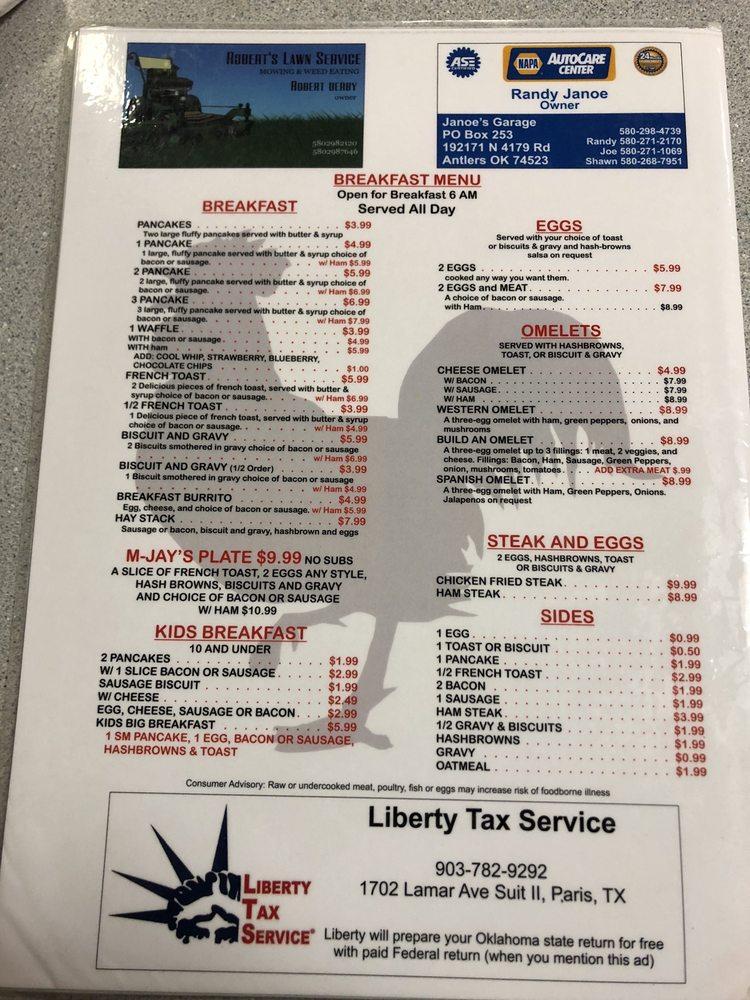 Menu at MJay's Diner restaurant, Antlers