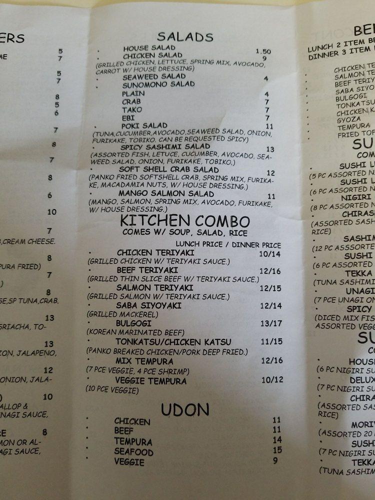 Menu at O! Sushi restaurant, Petaluma