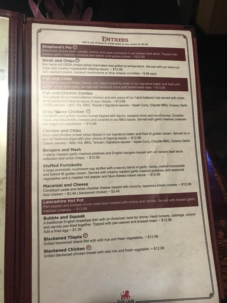 Menu at Red Lion Grog House pub & bar, Indianapolis
