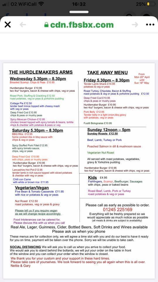 Menu at The Hurdlemakers Arms pub & bar, Woodham Mortimer, Post Office Rd