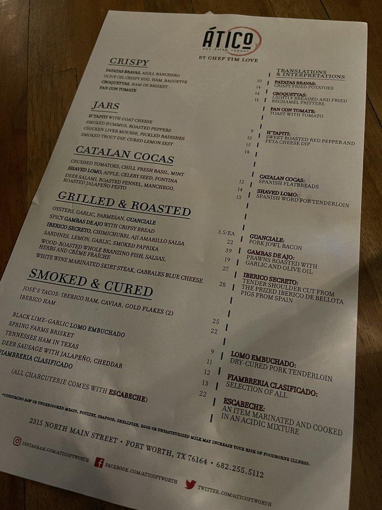 Menu at Ático Fort Worth pub & bar, Fort Worth