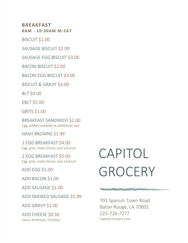 Menu at Capitol Grocery restaurant, Baton Rouge