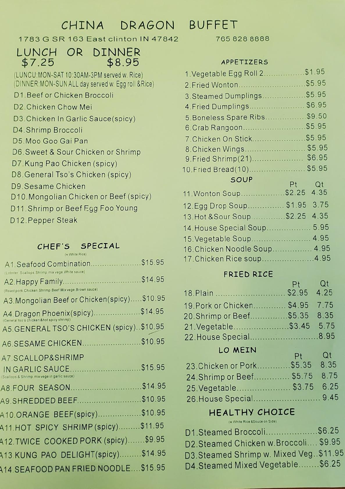 Menu at China Dragon Restaurant, Clinton