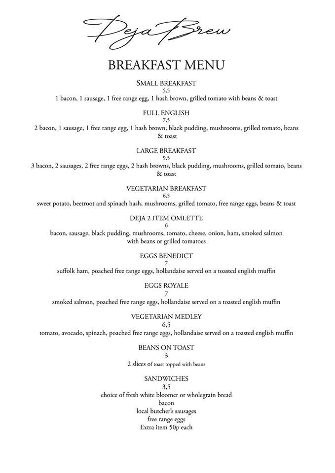 Menu at Deja Brew restaurant, Great Yarmouth