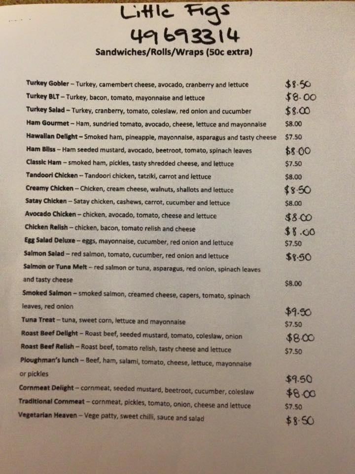 Menu at Little Figs fast food, Carrington