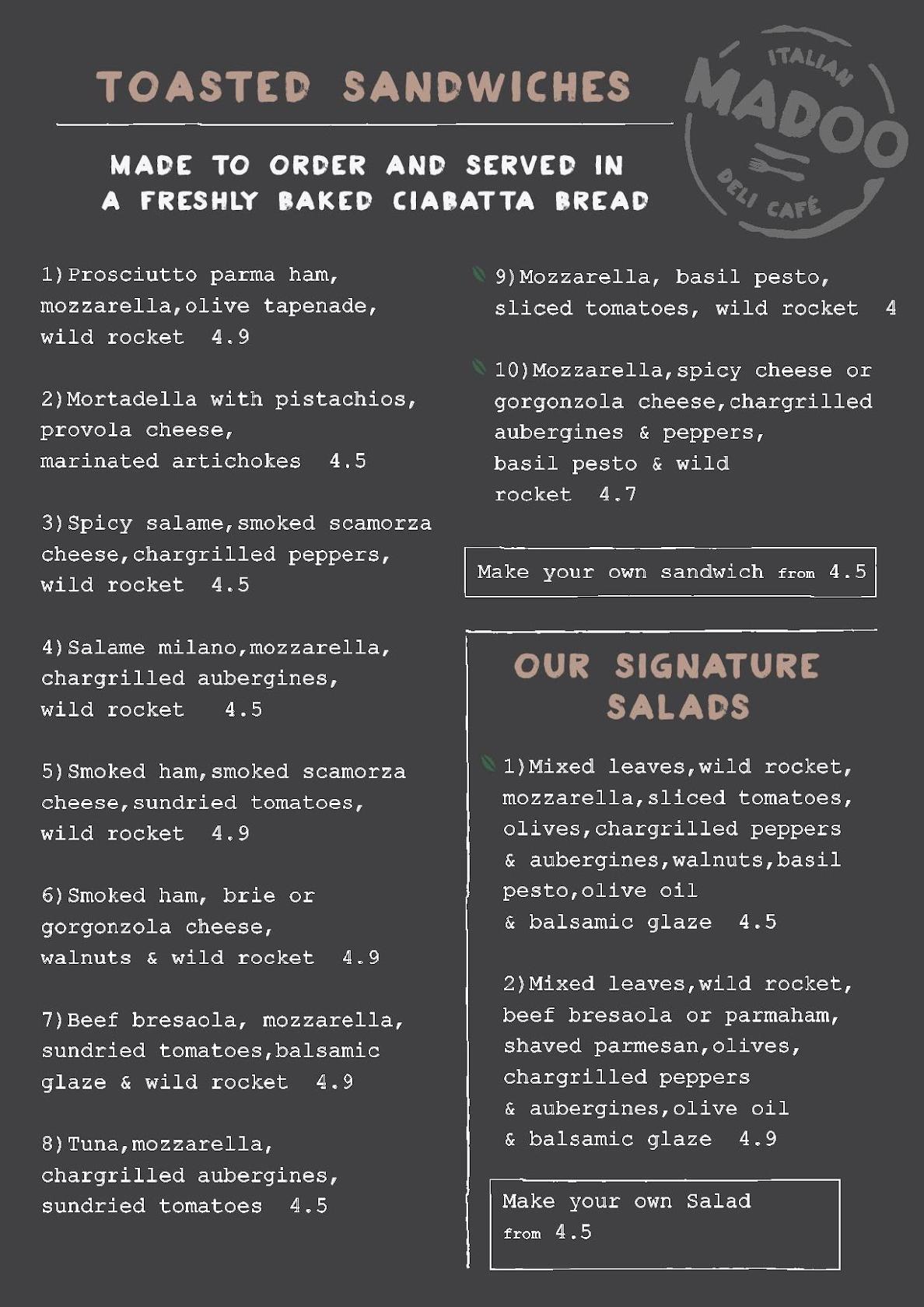 Menu at Madoo - Italian Deli Cafè cafe, Reading