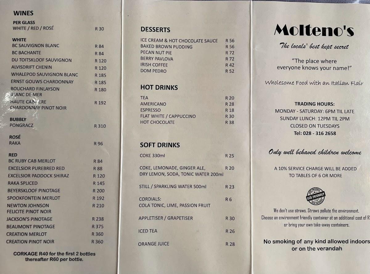 Menu at Moltenos restaurant, Onrus