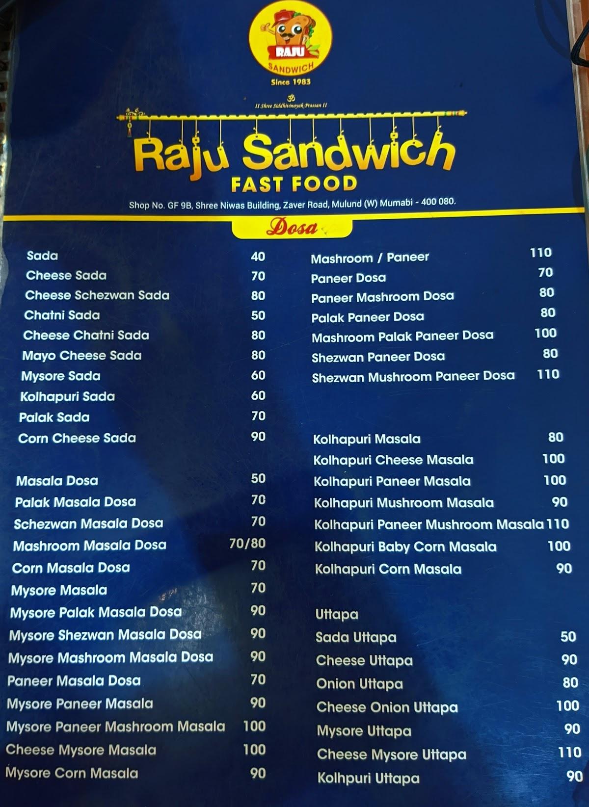 Menu at Raju Sandwich and burger corner, Mumbai