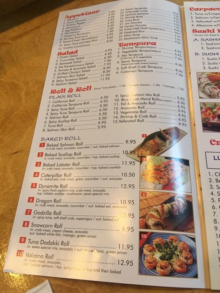 Menu at Sushi Sawa restaurant, Azusa