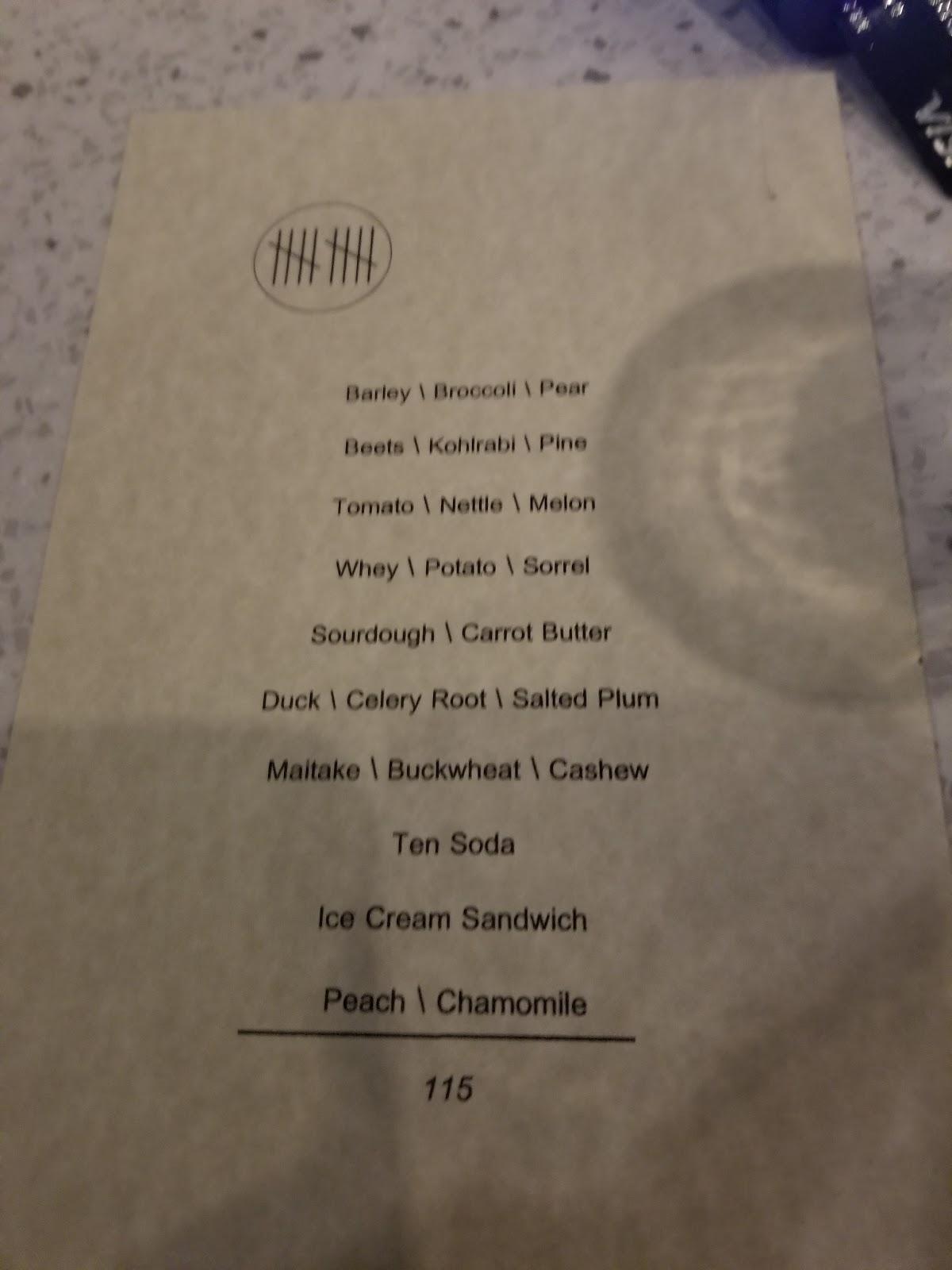 Menu at Ten Restaurant, Toronto