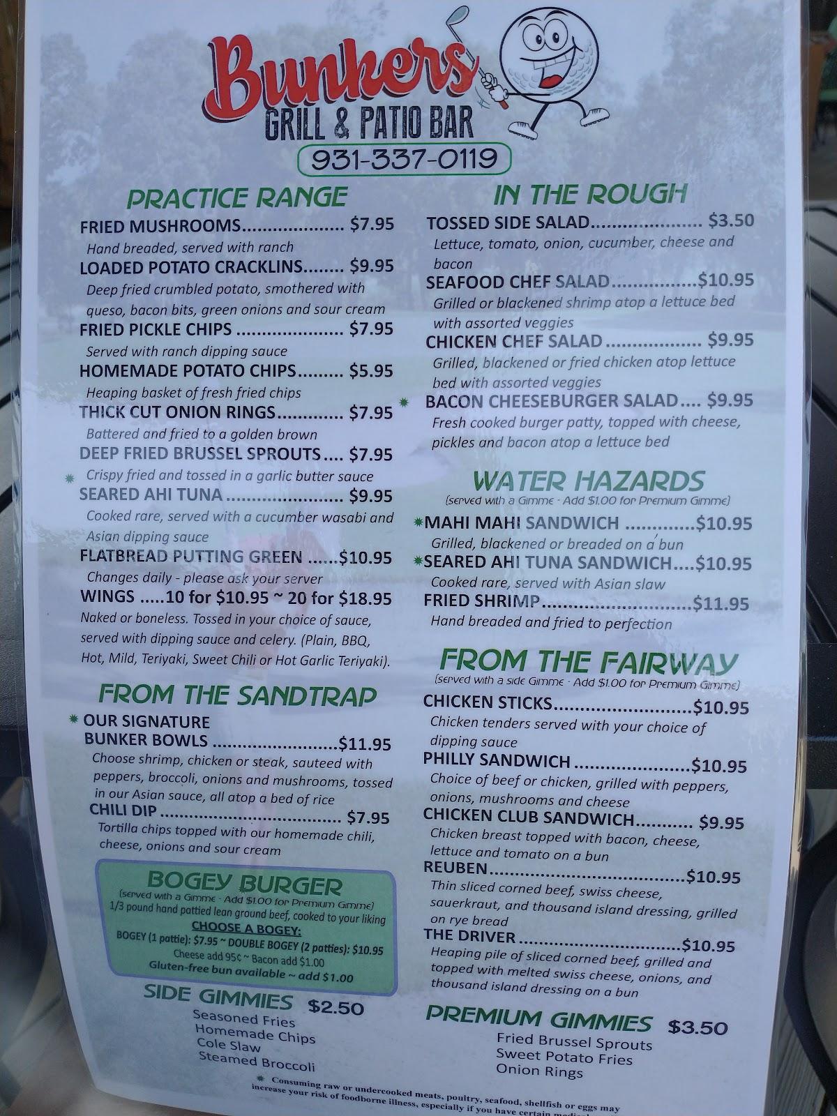 Menu at Bunkers Grill and Patio Bar, Crossville