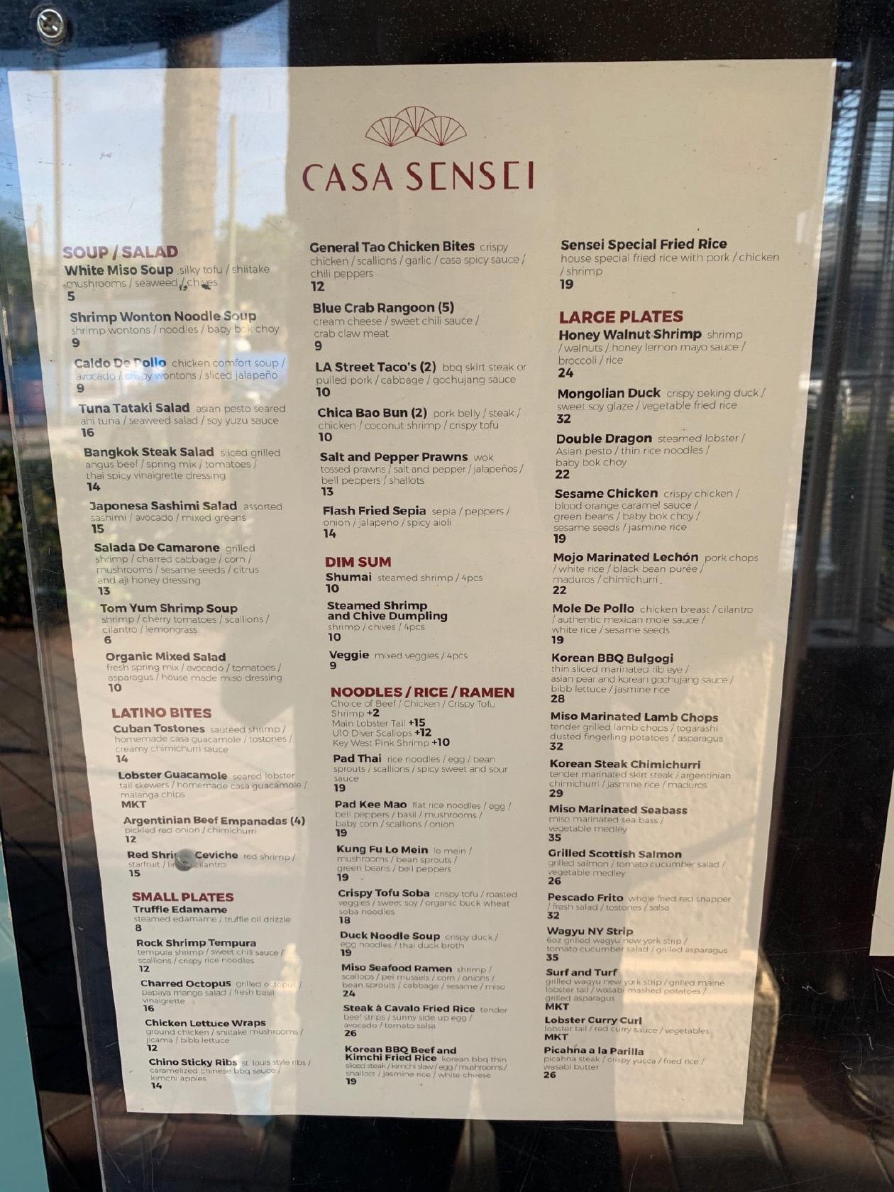 Menu at Casa Sensei restaurant, Fort Lauderdale, E Las Olas Blvd STE 101
