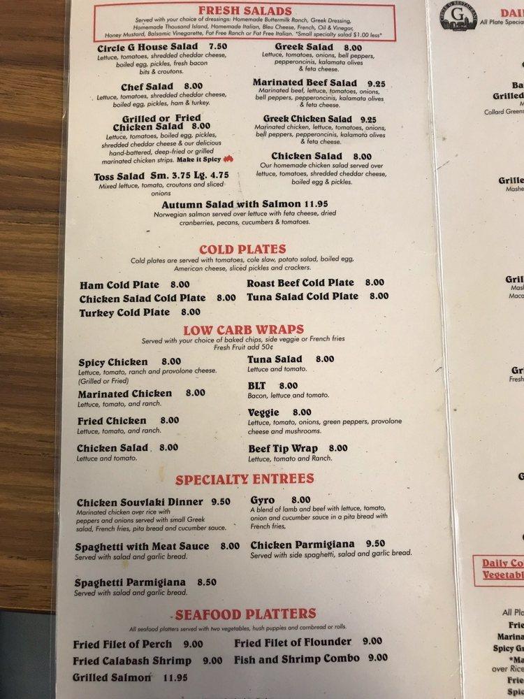 Menu at Circle G Restaurant, Charlotte