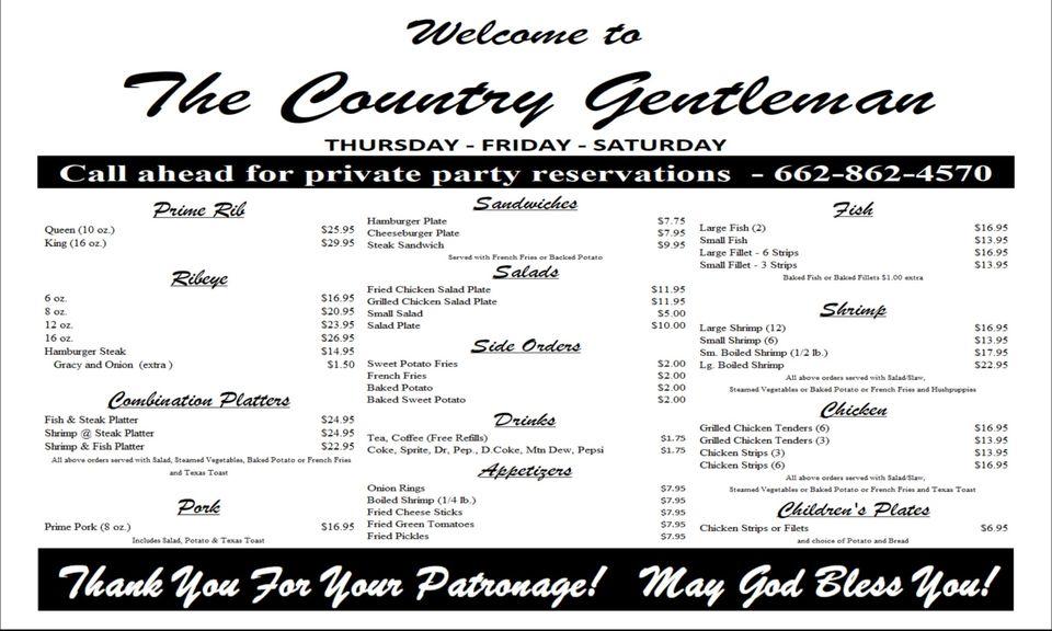 Menu at Country Gentleman Fish and Steak House steakhouse, Fulton, MS-25