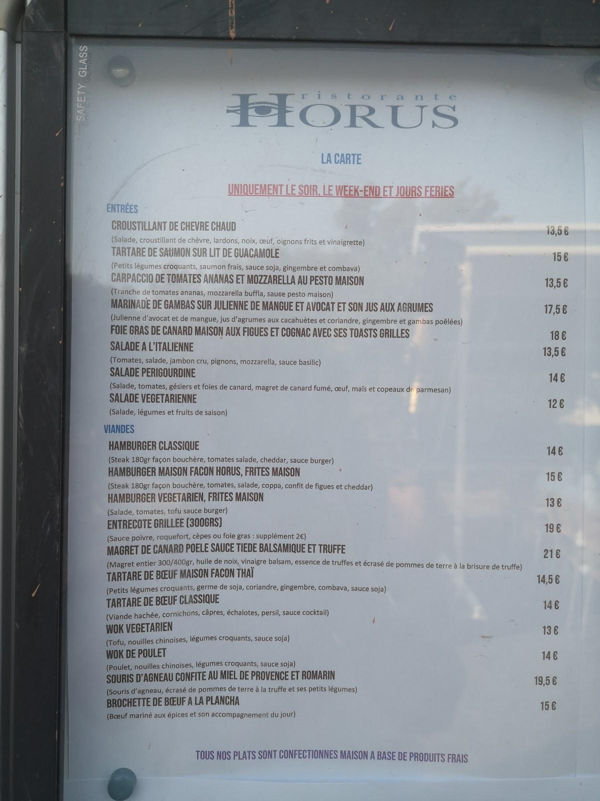 Menu au Hôtel Restaurant HORUS, Fréjus