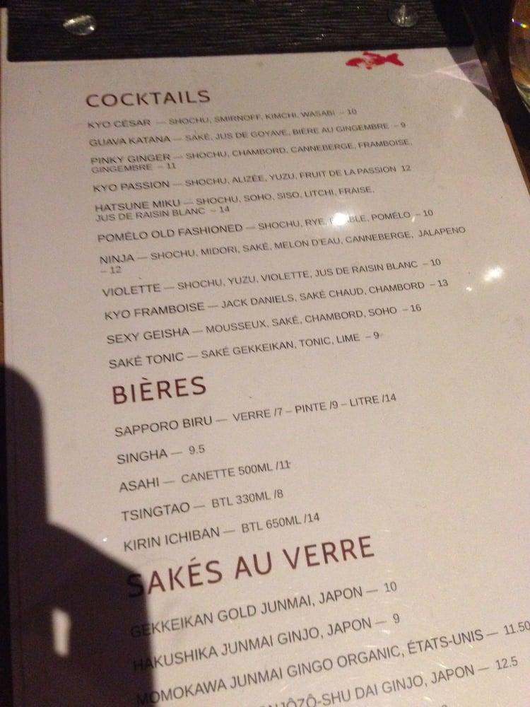 Menu at Kyo Bar Japonais, Montréal, 711 Côte place-d'Armes
