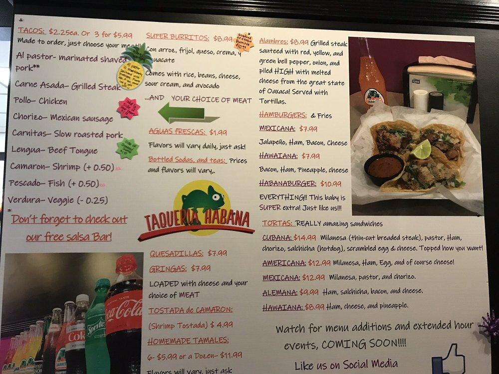 Menu at Taqueria Habana restaurant, Warrensburg