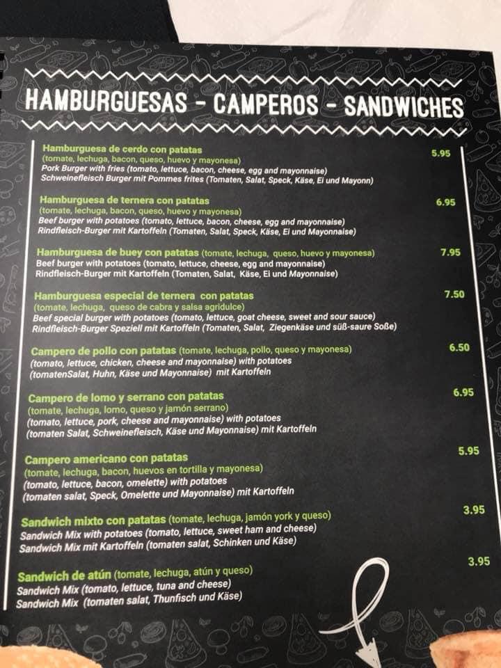 Menu at pizzeria el castillo, Torrox