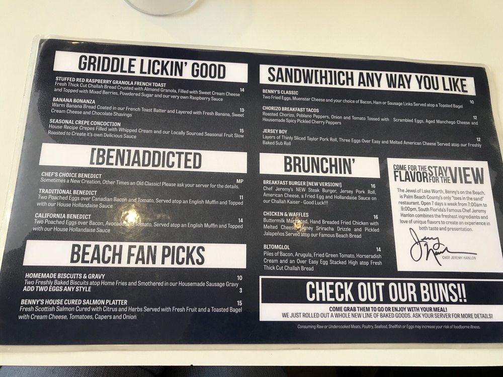 Menu at Benny's On The Beach - Pier pub & bar, Lake Worth