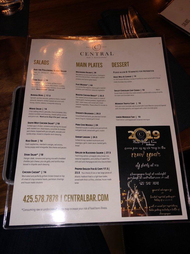 Menu at Central Bar + Restaurant, Bellevue