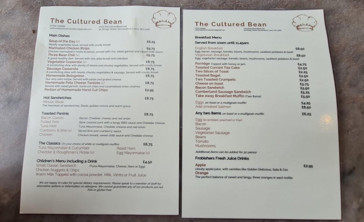 Menu at Cultured Bean restaurant, Bury