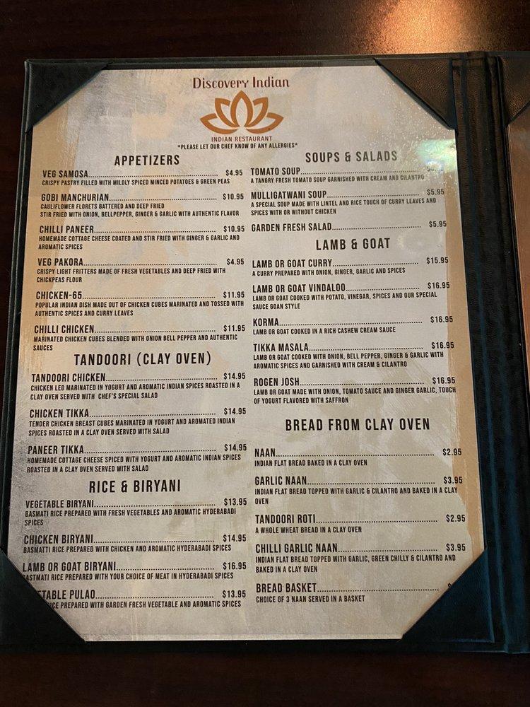 Menu at Discovery Indian Cuisine restaurant, Palm Harbor
