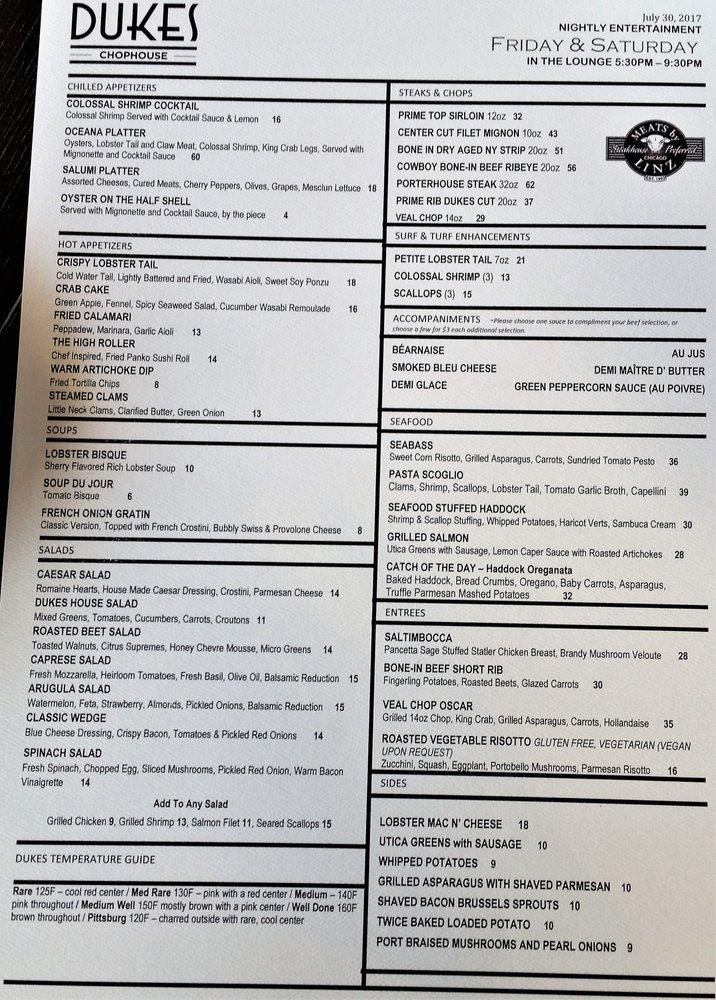 Menu at Dukes Chophouse steakhouse, Schenectady