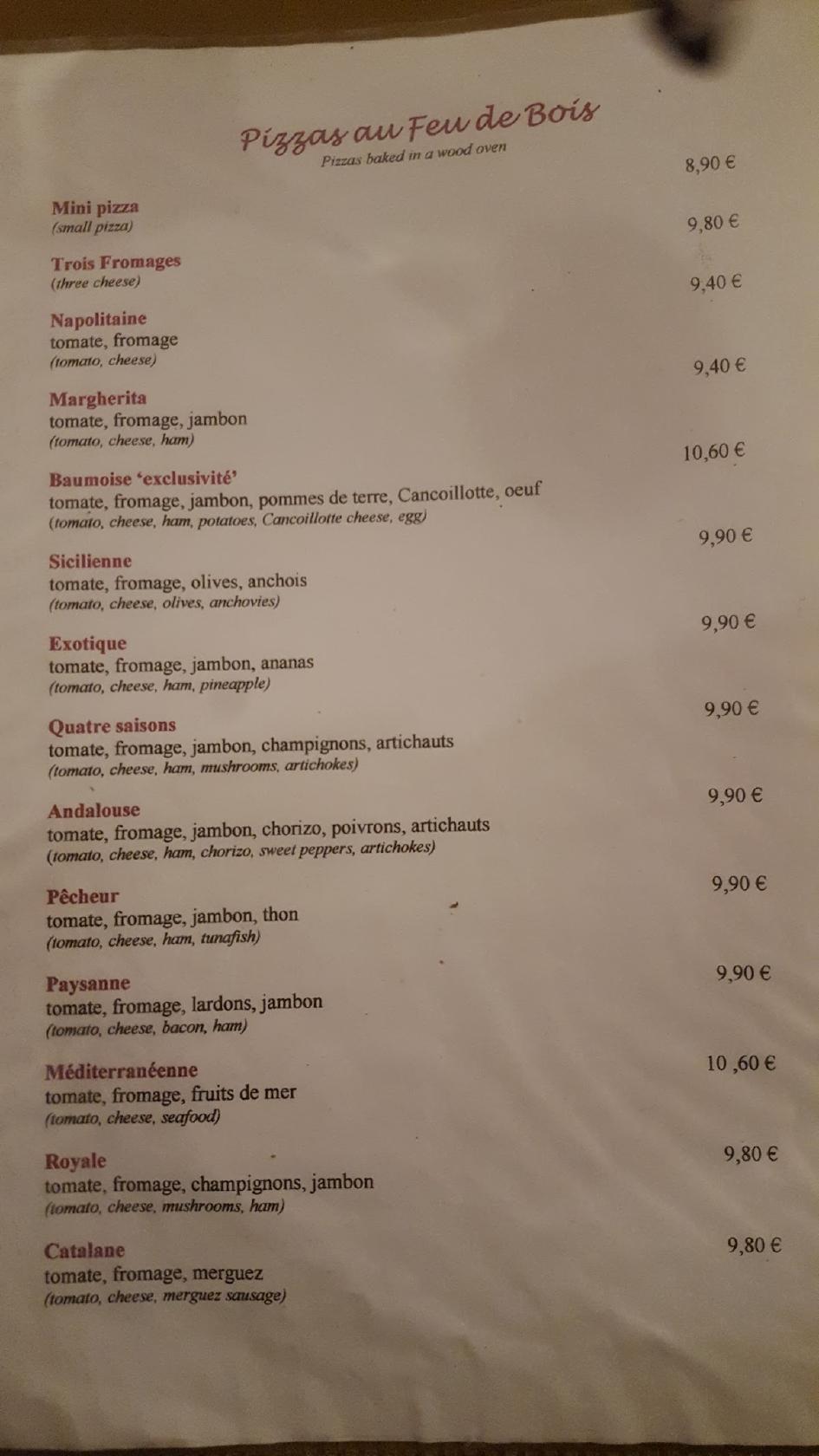 Menu au Le Caveau restaurant, Baume-les-Dames